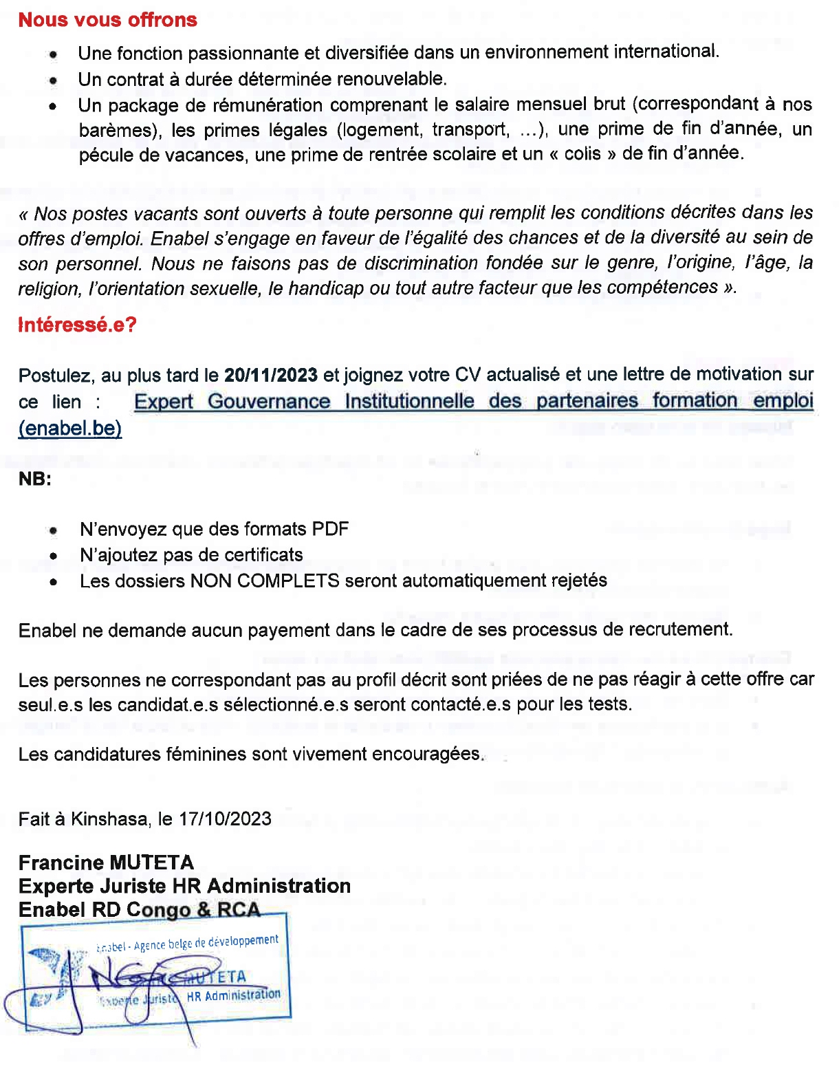 mediacongo.net - Offre d'emploi - Expert(e) en Gouvernement Institutionnelle des partenaires