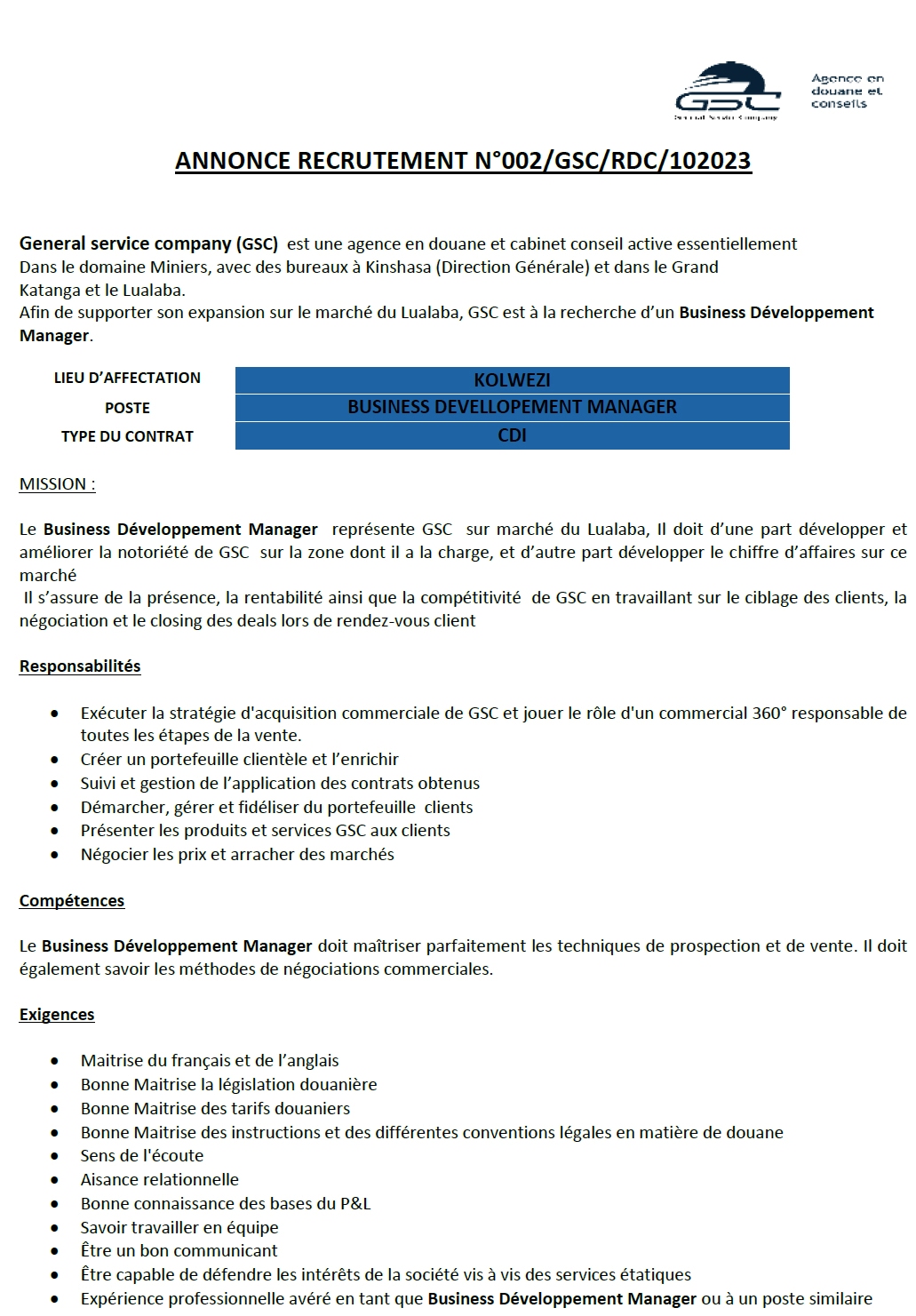 mediacongo.net - Offre d'emploi - Business Développement Manager