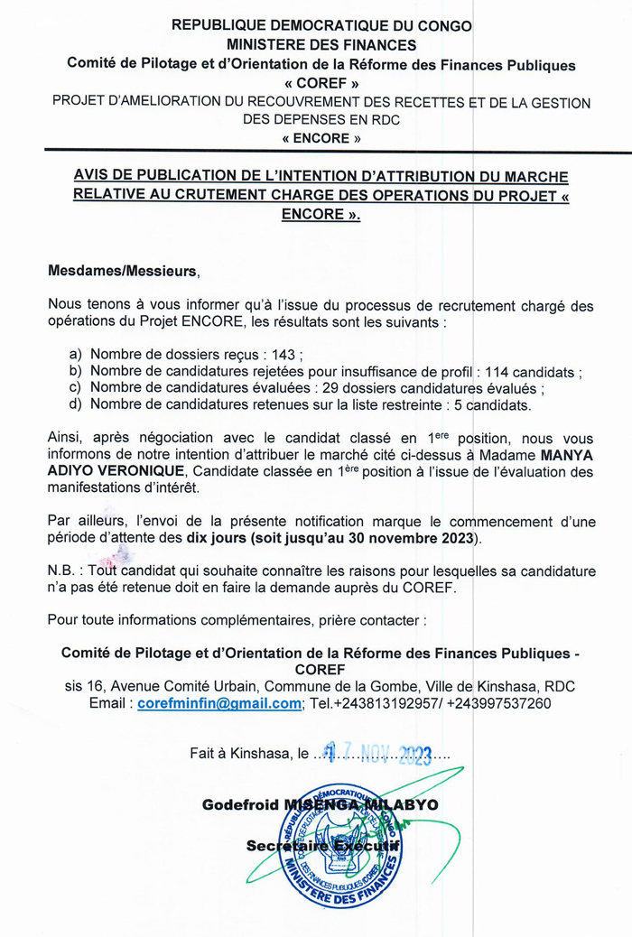 mediacongo.net - Offre d'emploi - Attribution du marché : Chargé des ...