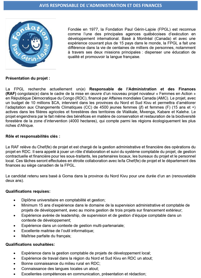 mediacongo.net - Offre d'emploi - Responsable de l'Administration et ...