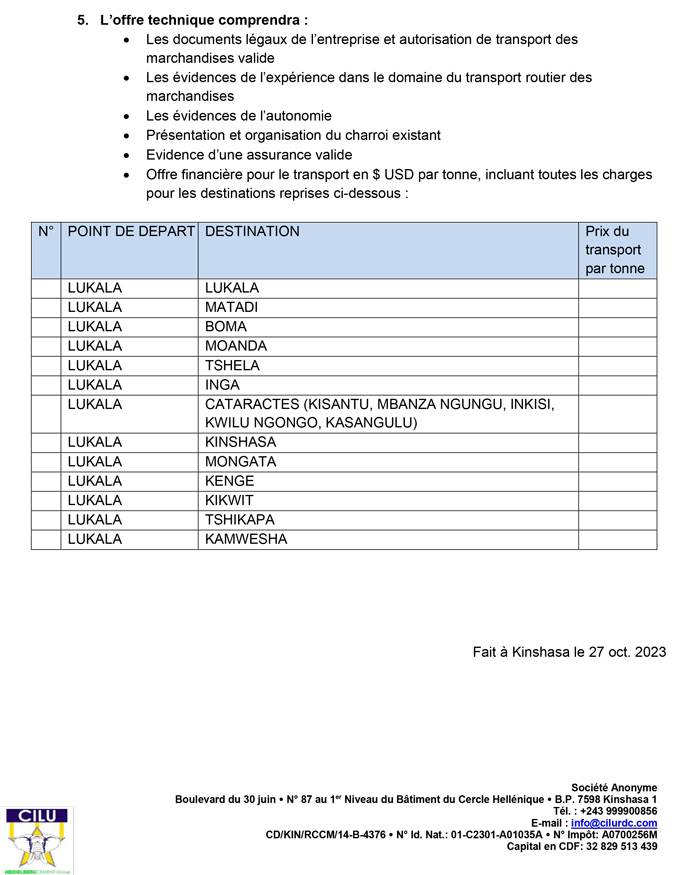 Offre Demploi Compagnies De Transport Routier Pour Le Transport Du Ciment