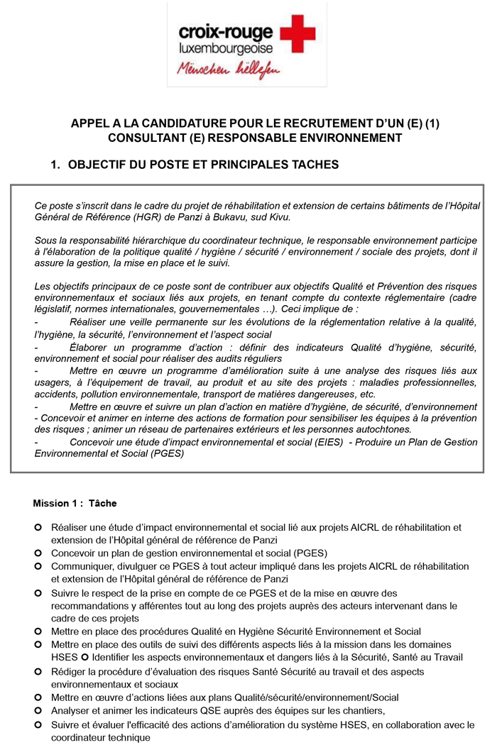 mediacongo.net - Offre d'emploi - Consultant(e) responsable environnement