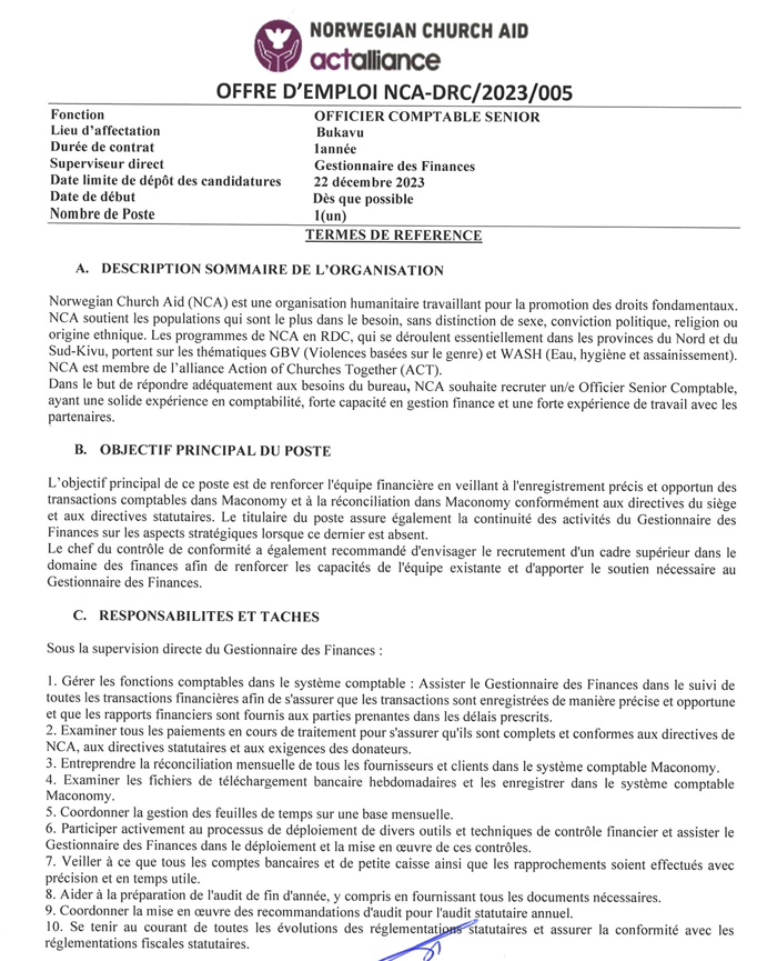 mediacongo.net - Offre d'emploi - Officier Comptable Senior