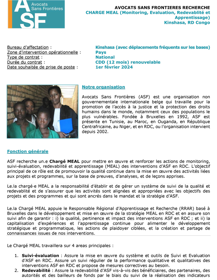 mediacongo.net - Offre d'emploi - Chargé MEAL