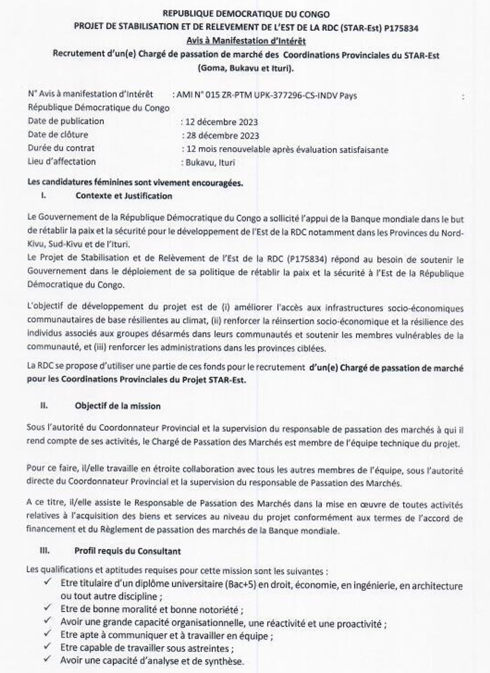 mediacongo.net - Offre d'emploi - Chargé de passation de marché des Coordinations Provinciales ...