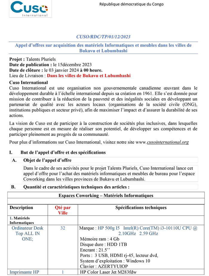 mediacongo.net - Offre d'emploi - Acquisition des matériels Informatiques et meubles dans les ...
