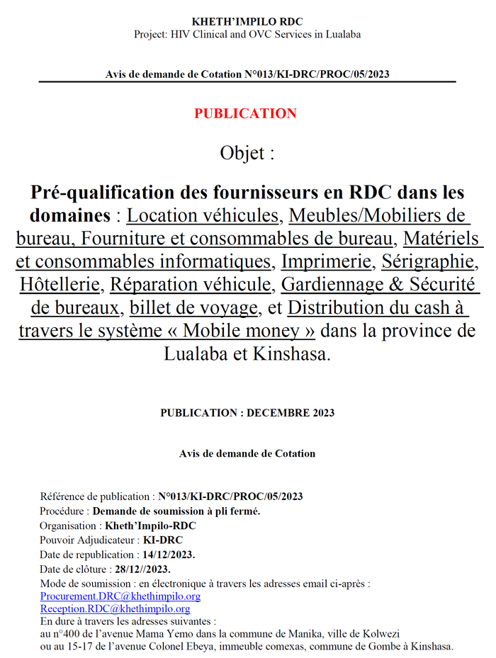 mediacongo.net - Offre d'emploi - Pré-qualification des fournisseurs en RDC dans les domaines ...