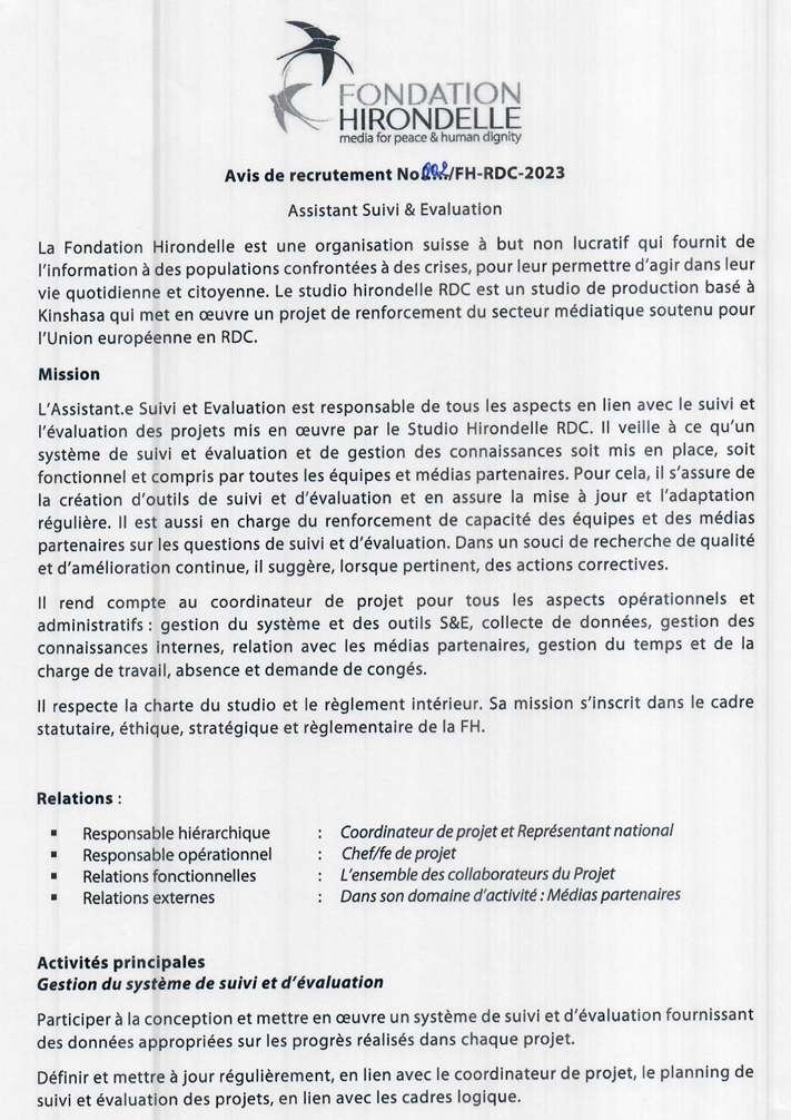 mediacongo.net - Offre d'emploi - Assistant Suivi & Evaluation