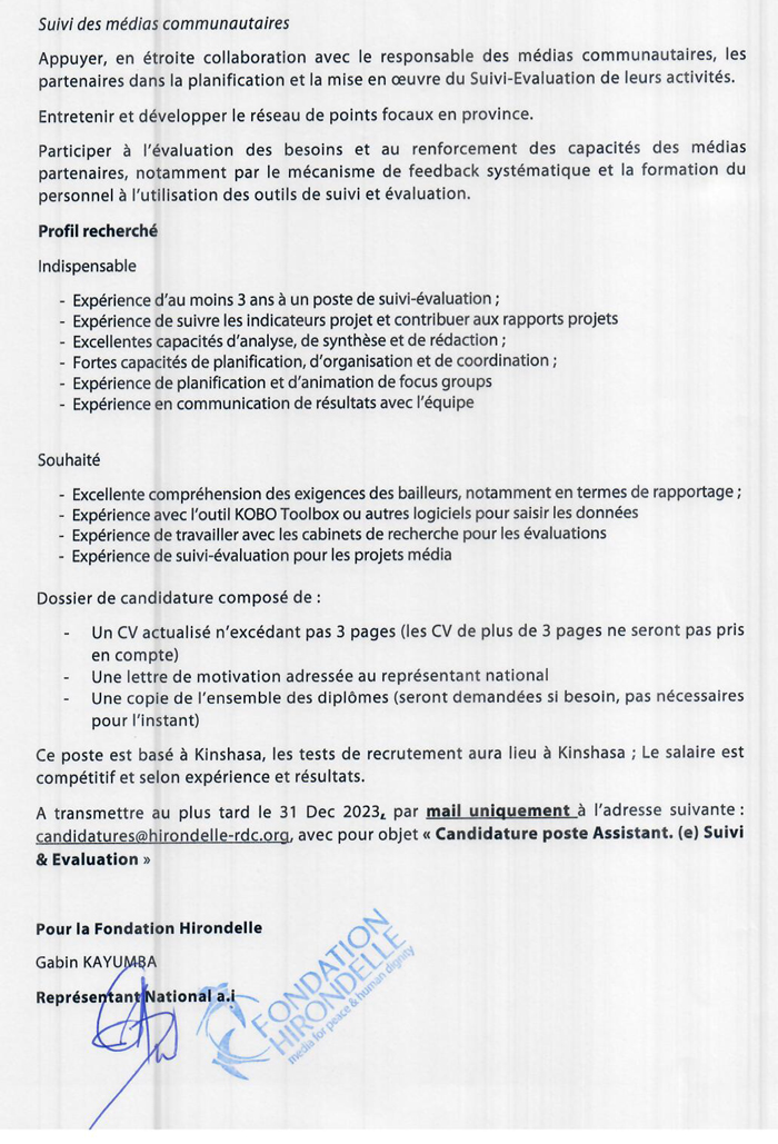 mediacongo.net - Offre d'emploi - Assistant Suivi & Evaluation