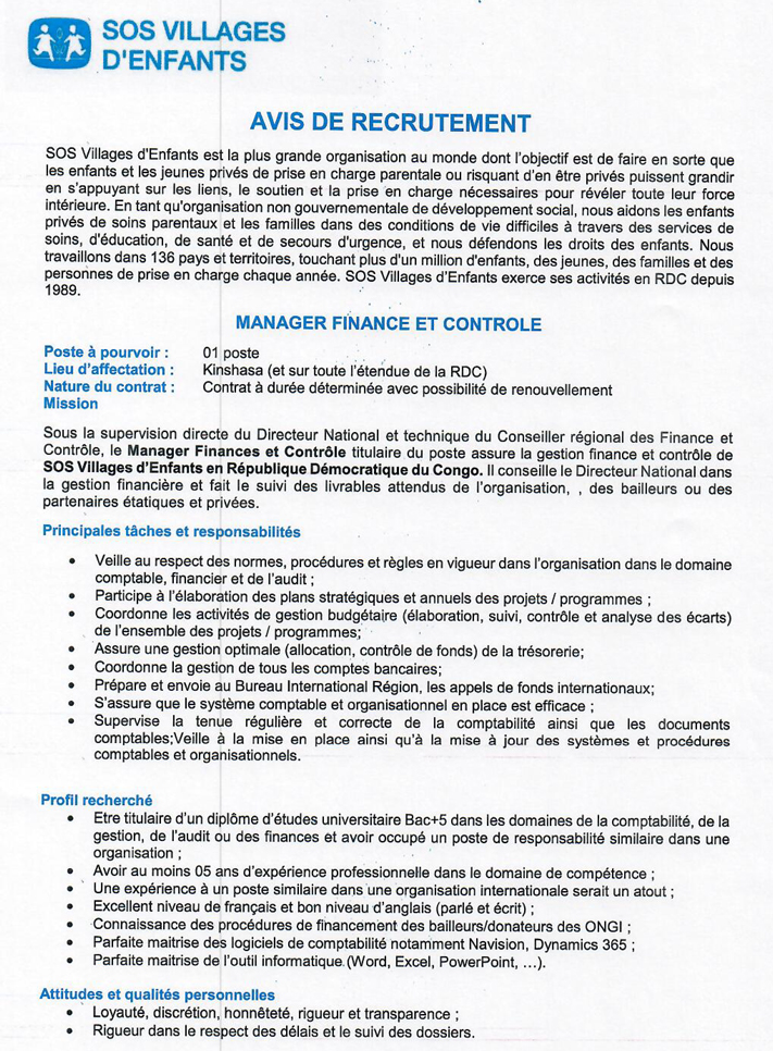 mediacongo.net - Offre d'emploi - Manager finance et contrôle