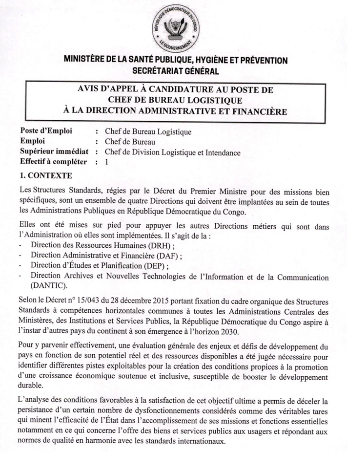 mediacongo.net - Offre d'emploi - Chef de Bureau Logistique