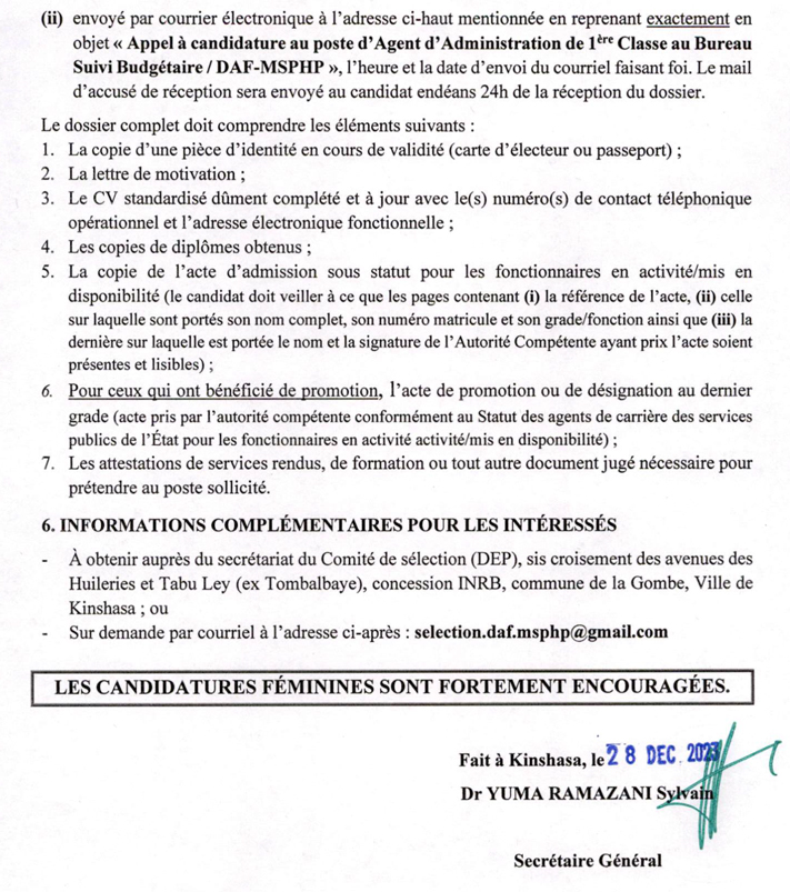 mediacongo.net - Offre d'emploi - Agent d'Administration de 1ère Classe au Bureau Suivi Budgétaire