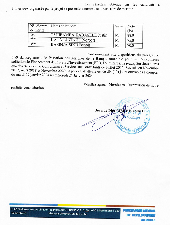 mediacongo.net - Offre d'emploi - Intention d'attribution : Responsable Provincial de Suivi et ...