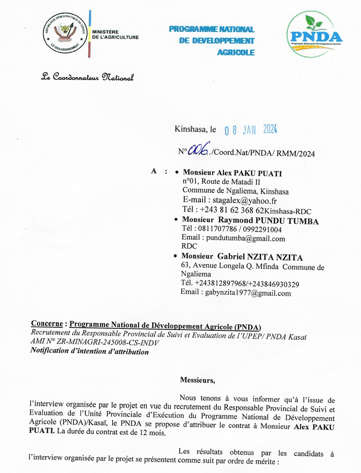 mediacongo.net - Offre d'emploi - Intention d'attribution : Responsable ...