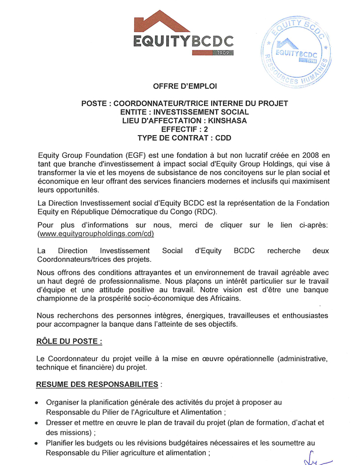 mediacongo.net - Offre d'emploi - Coordonnateur (trice) interne du projet