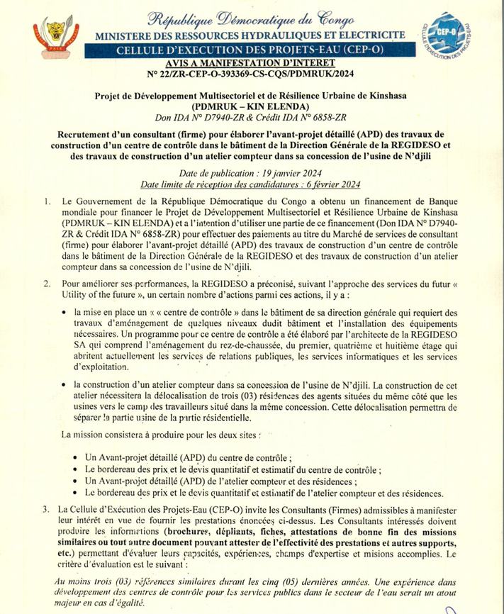 mediacongo.net - Offre d'emploi - Consultant (firme) pour élaborer l'APD des travaux de ...