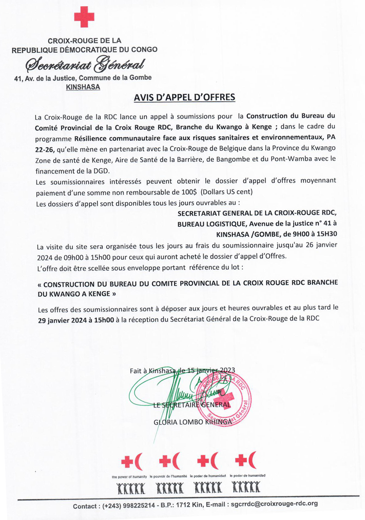 mediacongo.net - Offre d'emploi - Construction du Bureau du Comité ...