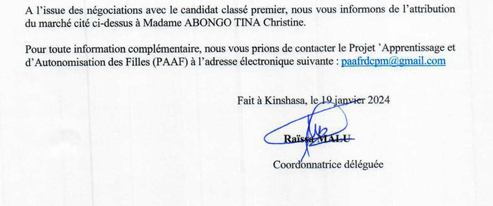 mediacongo.net - Offre d'emploi - ATTRIBUTION DU MARCHE : Responsable ...