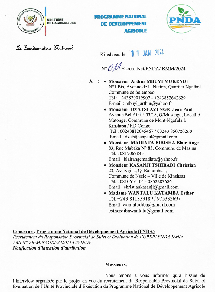 mediacongo.net - Offre d'emploi - Intention d'attribution : Responsable Provincial de Suivi et ...