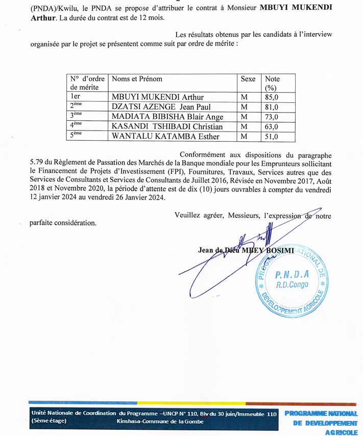 mediacongo.net - Offre d'emploi - Intention d'attribution : Responsable Provincial de Suivi et ...