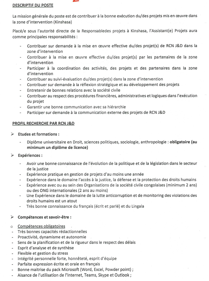mediacongo.net - Offre d'emploi - Assistant(e) Projets
