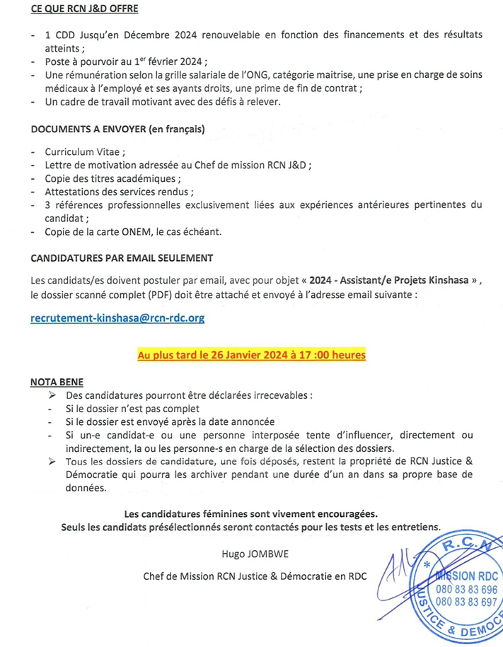mediacongo.net - Offre d'emploi - Assistant(e) Projets