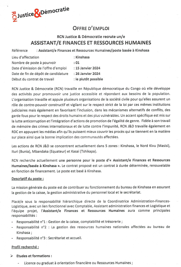 mediacongo.net - Offre d'emploi - Assistant(e) Finances et Ressources ...