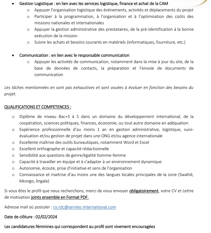 mediacongo.net - Offre d'emploi - Assistant de Projet