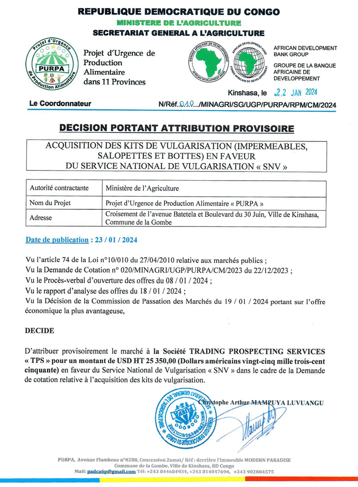 mediacongo.net - Offre d'emploi - Décision d'attribution provisoire ...