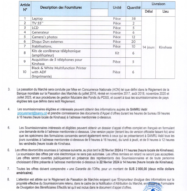 mediacongo.net - Offre d'emploi - Acquisition des matériels informatiques du projet PMNS NAC ...