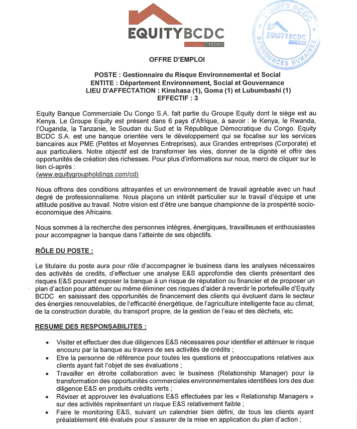mediacongo.net - Offre d'emploi - Gestionnaire du Risque Environnemental et Social