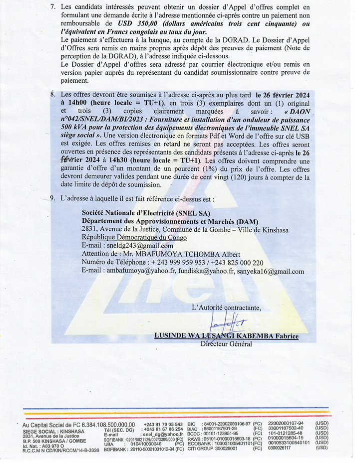 mediacongo.net - Offre d'emploi - Fourniture et installation d'un ...