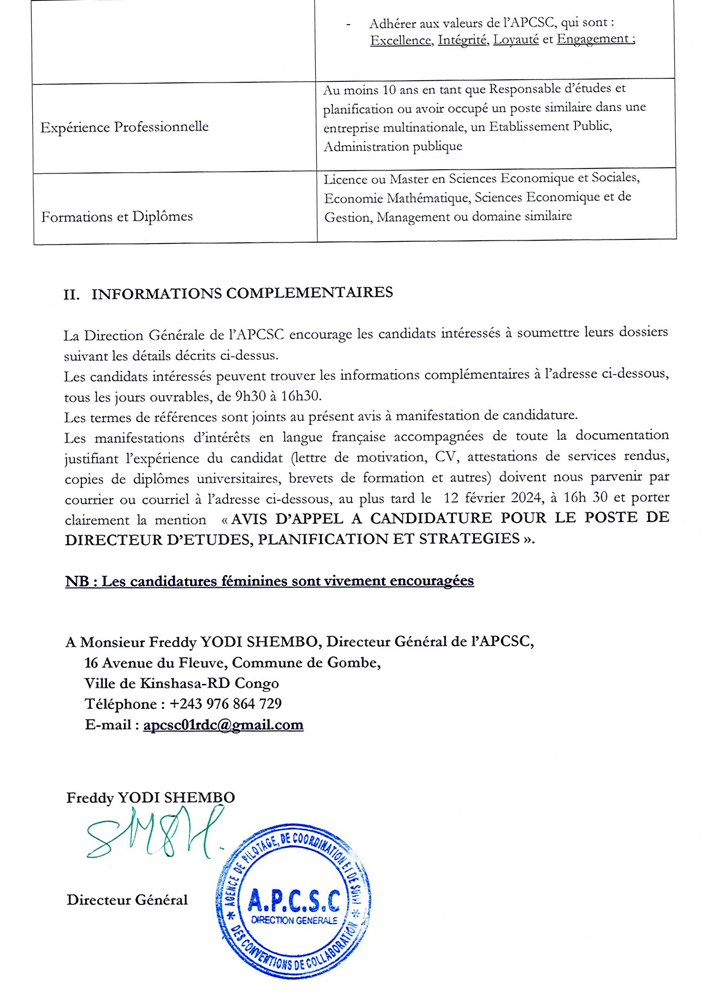 mediacongo.net - Offre d'emploi - Directeur d'Etudes, Planification et ...