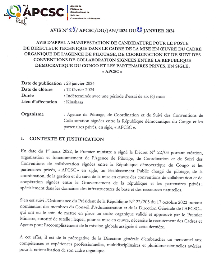 mediacongo.net - Offre d'emploi - Directeur Technique