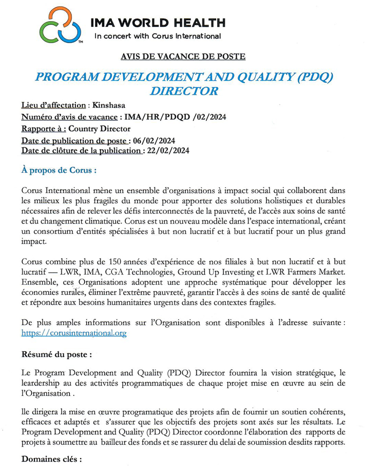 mediacongo.net - Offre d'emploi - Programme Development and Quality (PDQ) Director