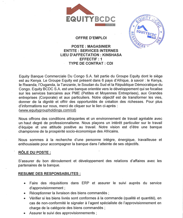 mediacongo.net - Offre d'emploi - Magasinier