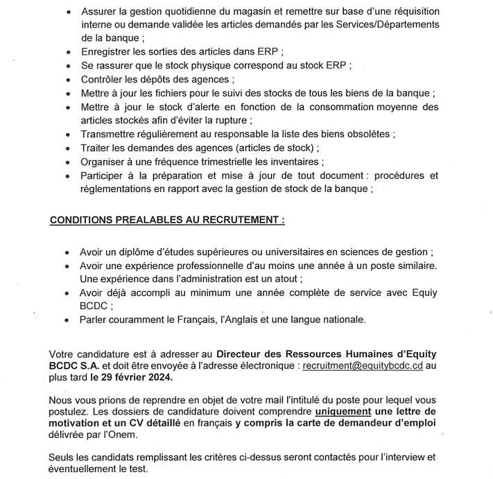 mediacongo.net - Offre d'emploi - Magasinier