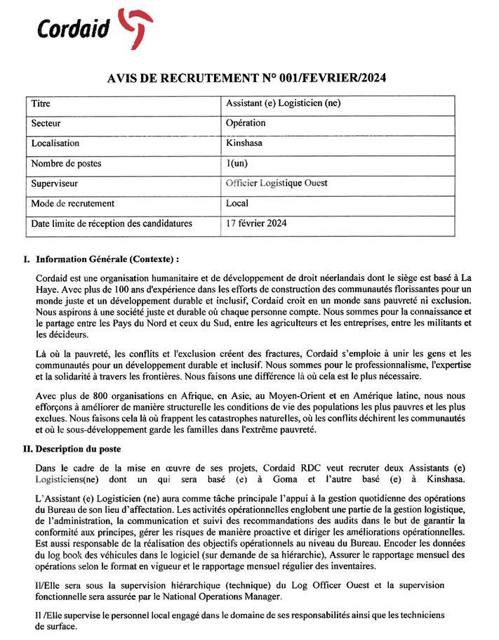 mediacongo.net - Offre d'emploi - Assistant(e) Logisticien(ne)