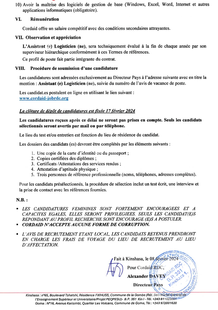 mediacongo.net - Offre d'emploi - Assistant(e) Logisticien(ne)