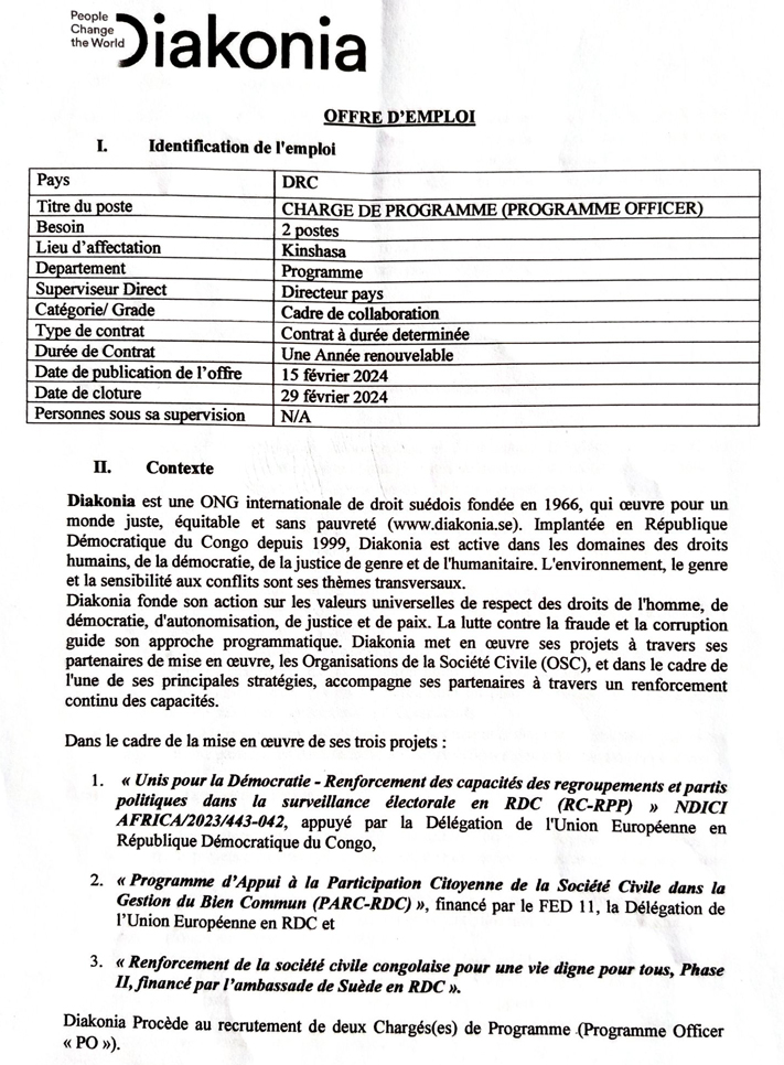 mediacongo.net - Offre d'emploi - Chargé de Programme (Programme Officer)