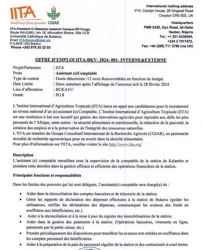 mediacongo.net - Offre d'emploi - Assistant(e) Comptable