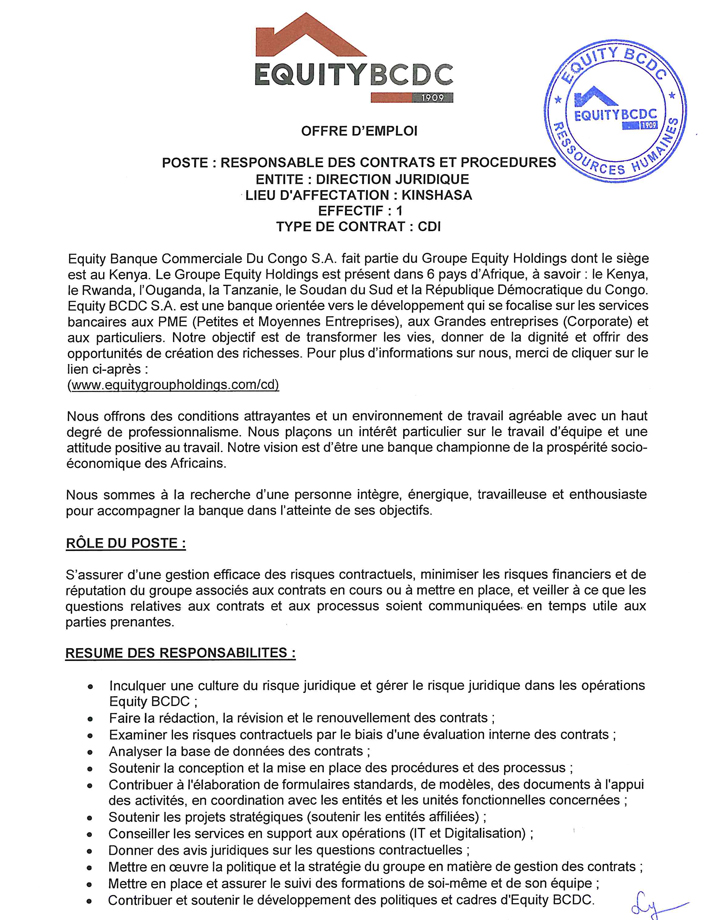 mediacongo.net - Offre d'emploi - Responsable des Contrats et Procédures