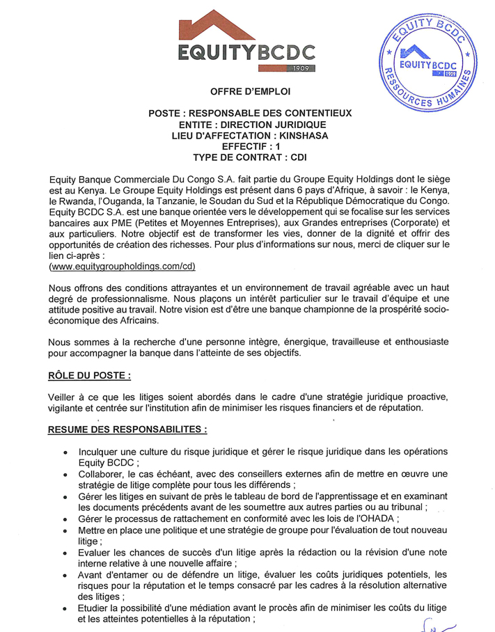 mediacongo.net - Offre d'emploi - Responsable des contentieux