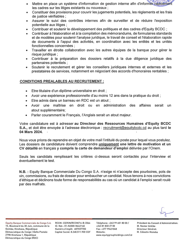 mediacongo.net - Offre d'emploi - Responsable des contentieux