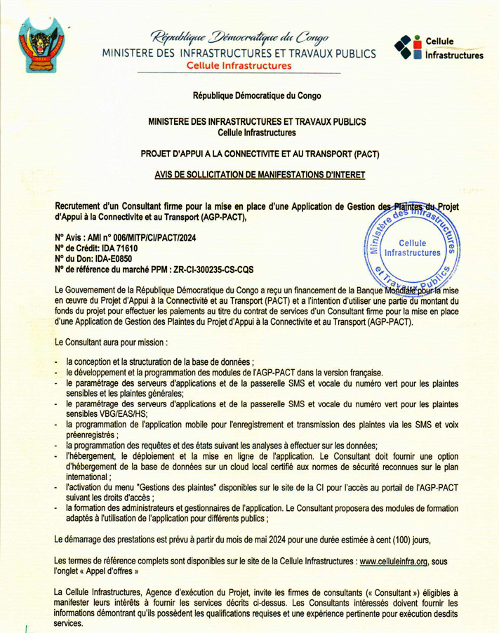 mediacongo.net - Offre d'emploi - Consultant firme pour la mise en place d'une Application de ...