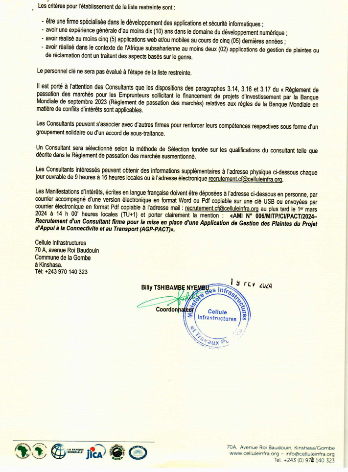 mediacongo.net - Offre d'emploi - Consultant firme pour la mise en place d'une Application de ...