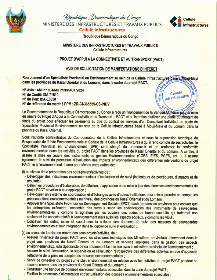 mediacongo.net - Offre d'emploi - Spécialiste Provincial en Environnement