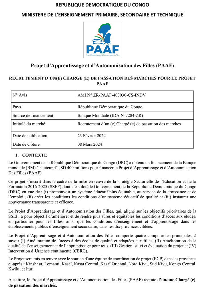 mediacongo.net - Offre d'emploi - Chargé(e) de passation des marchés