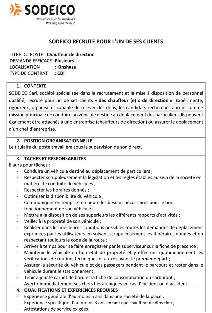mediacongo.net - Offre d'emploi - Chauffeur de direction