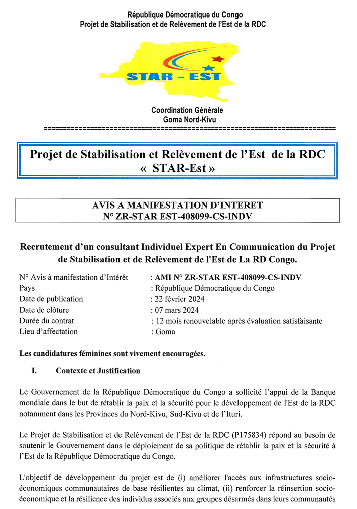 mediacongo.net - Offre d'emploi - Consultant Individuel Expert en Communication